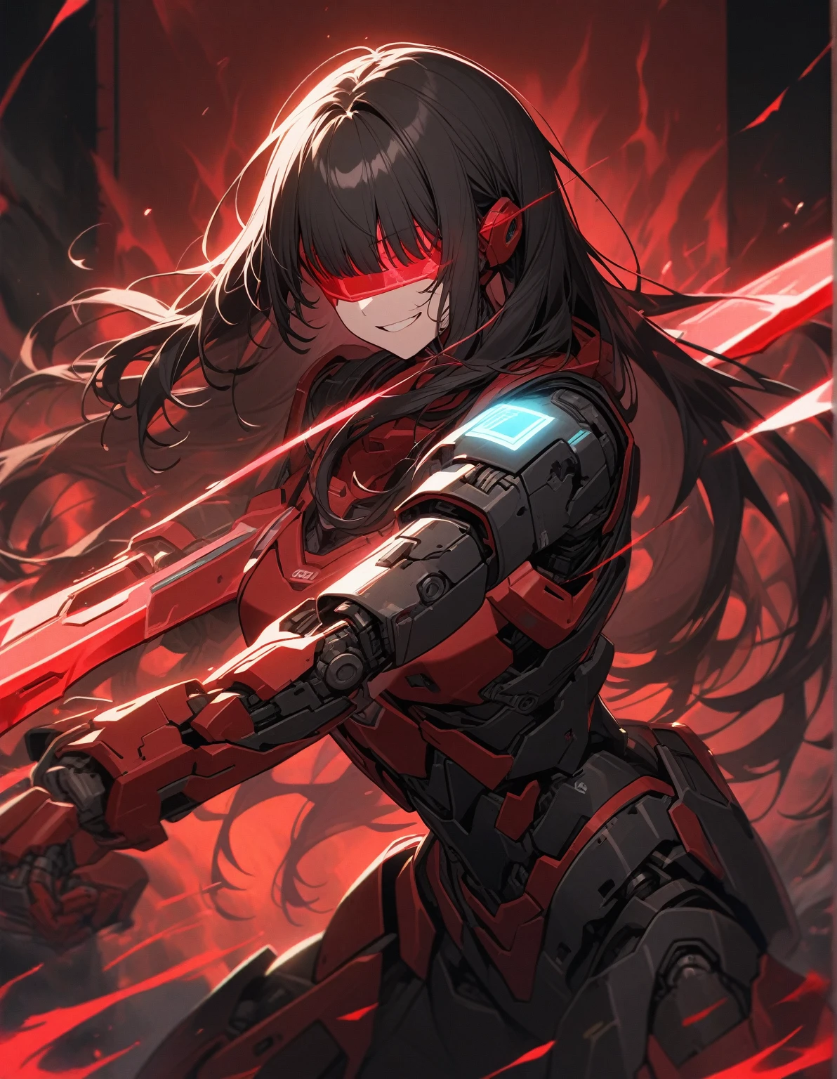 Beautiful girl, black hair, long hair with bangs with a red gradient on ...