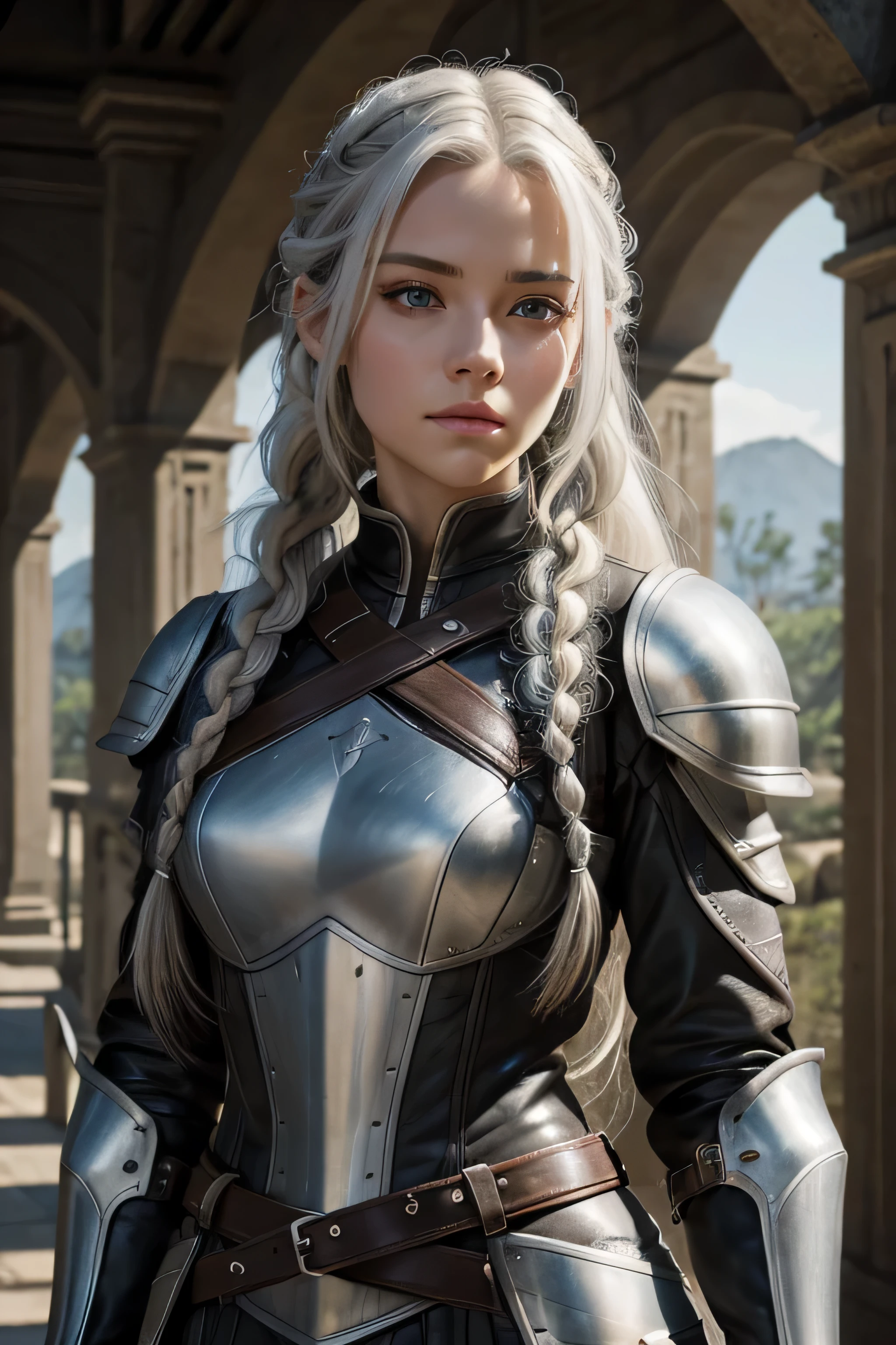 A woman in armor standing in a courtyard with a sword - SeaArt AI