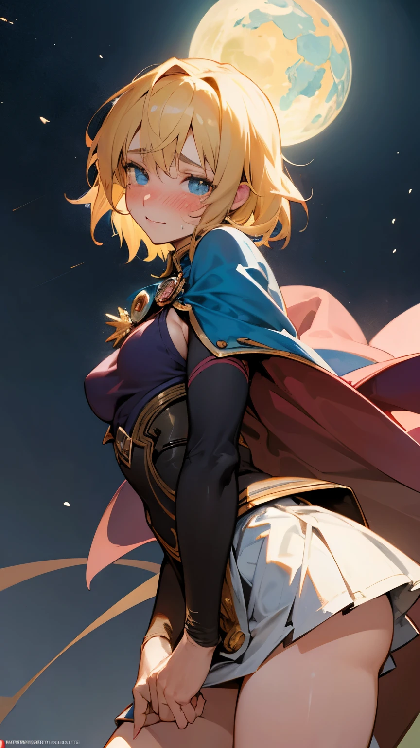 A woman in a short skirt and cape is standing in front of a full moon - SeaArt AI