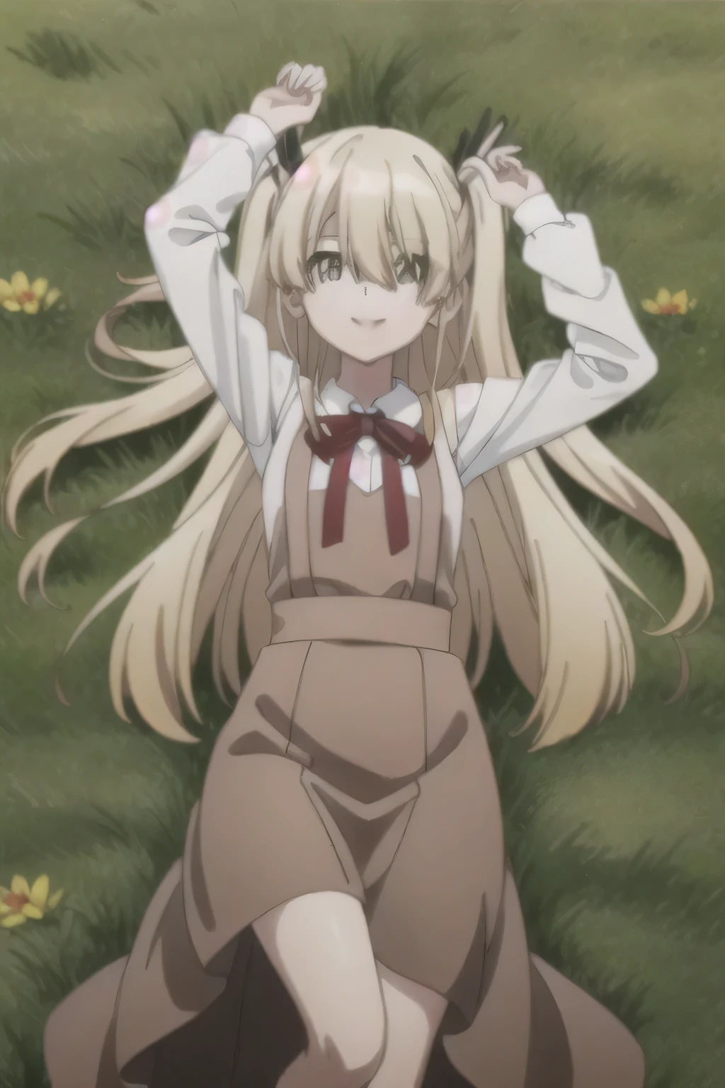 Anime girl laying on the ground with her hands up - SeaArt AI