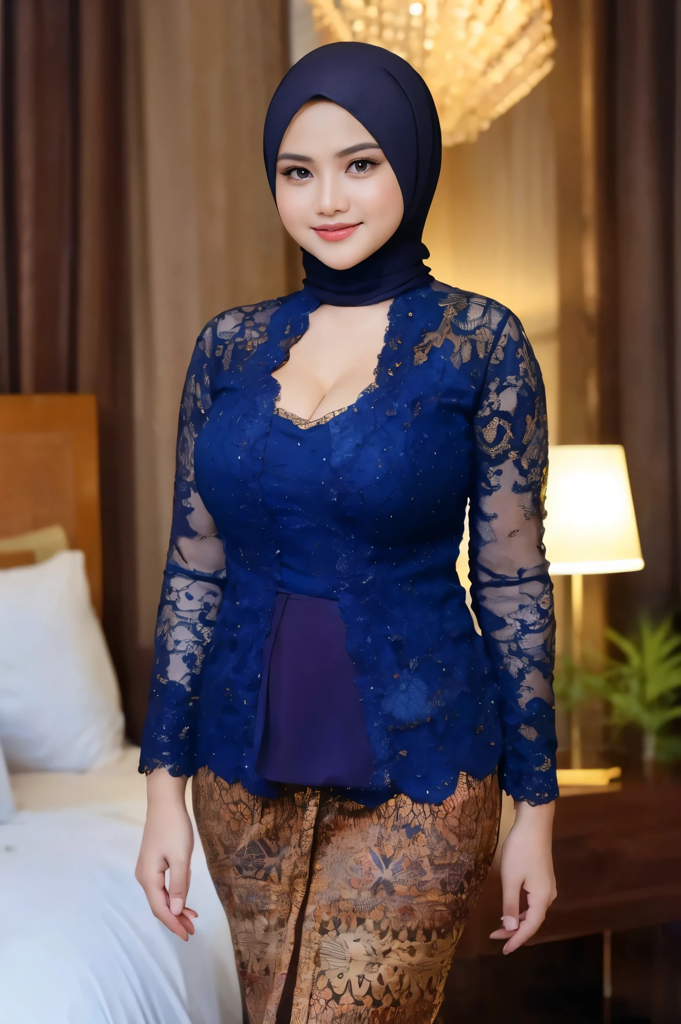 A woman in a blue top and brown skirt standing in front of a bed - SeaArt AI