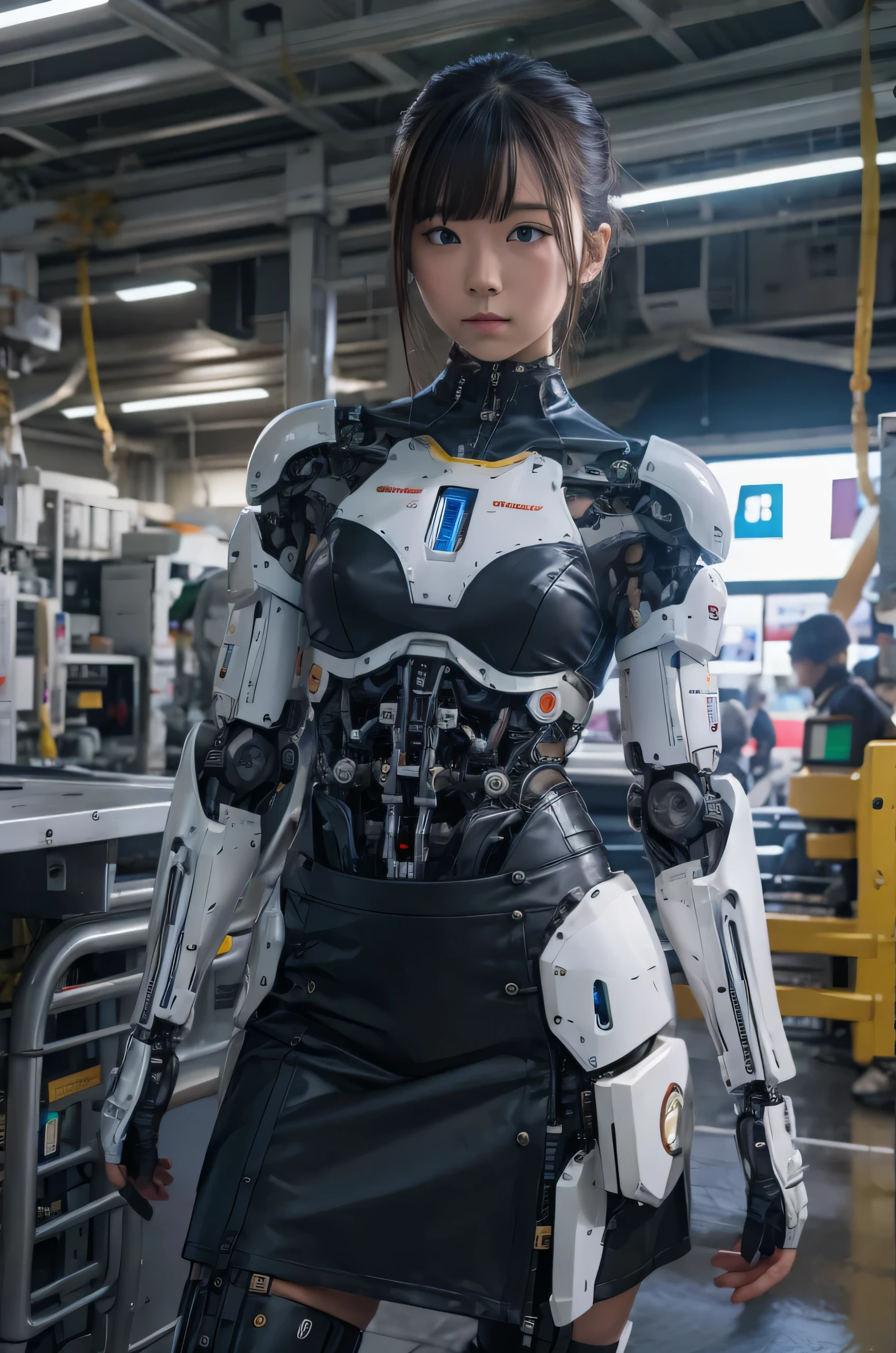 Arafed woman in a futuristic suit standing in a factory - SeaArt AI