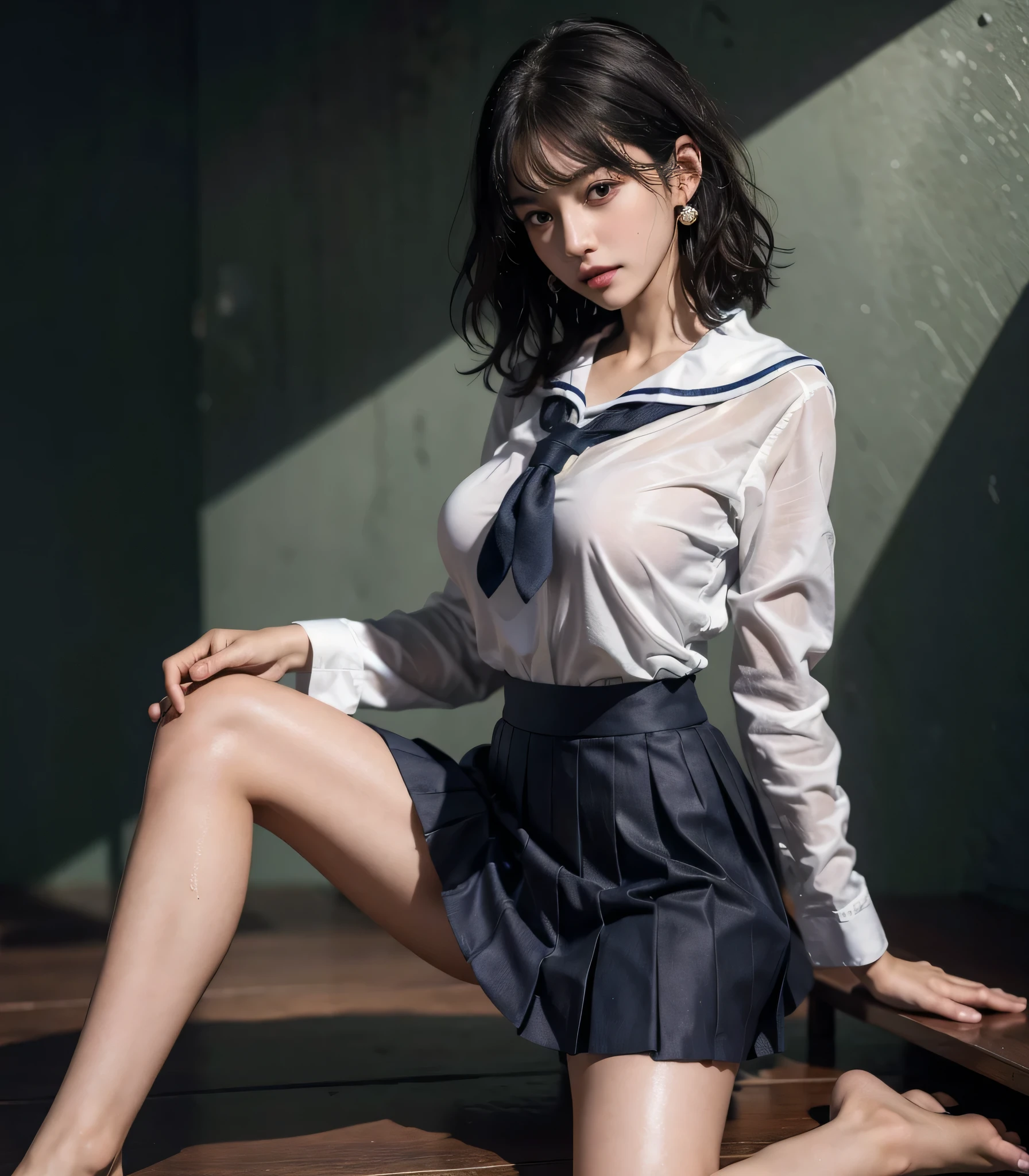 Arafed asian woman in a short skirt and white shirt sitting on a step - SeaArt AI