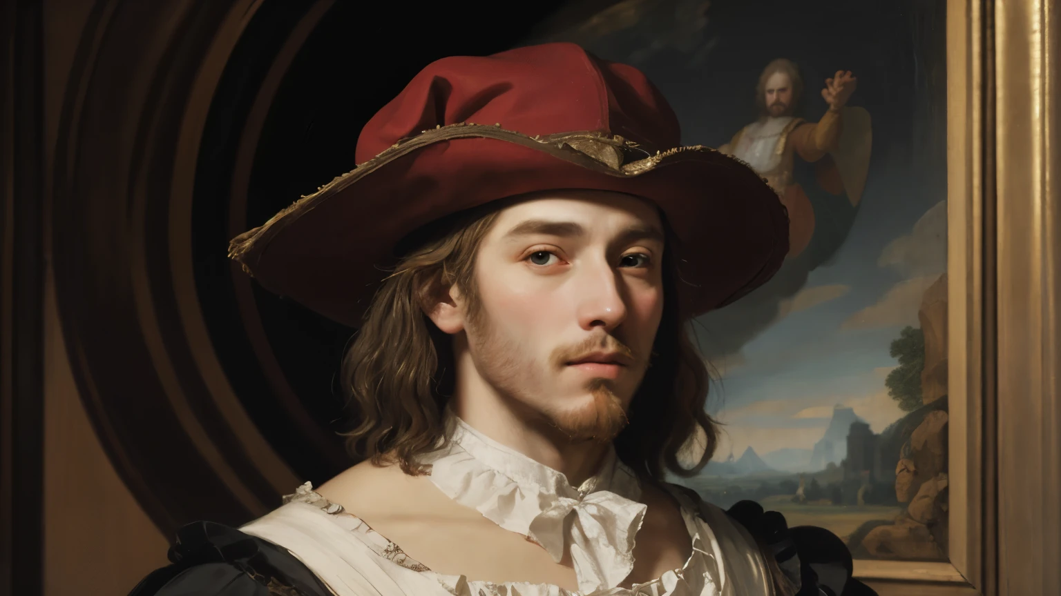 Arafed man in a red hat and white shirt in front of a painting - SeaArt AI