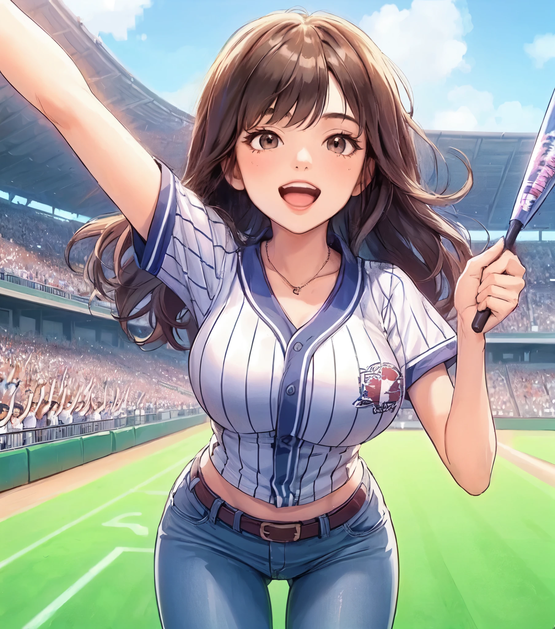 Anime girl with baseball bat in hand in a stadium - SeaArt AI