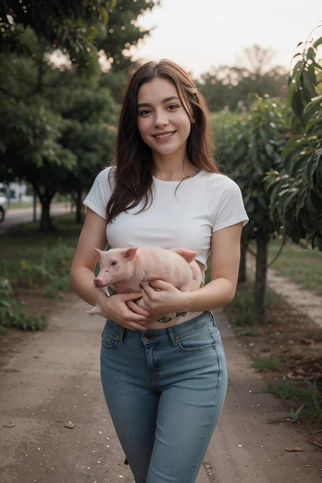 A woman holding a pig in her hands on a dirt road - SeaArt AI