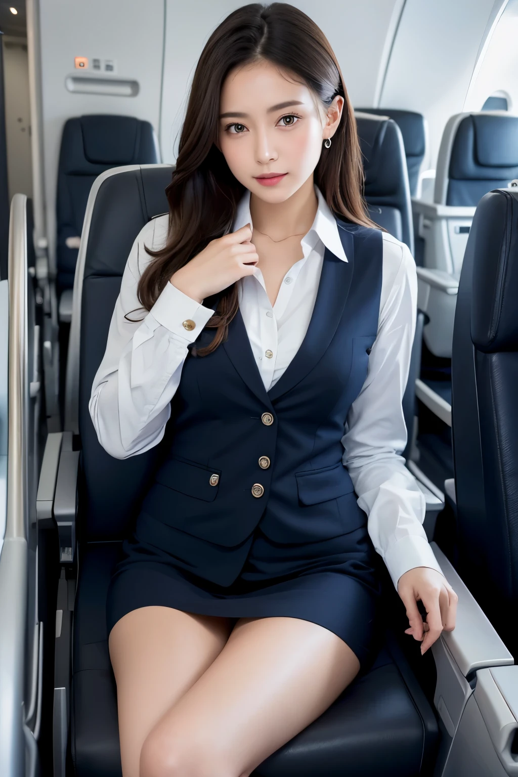A woman in a business suit sitting on a plane - SeaArt AI