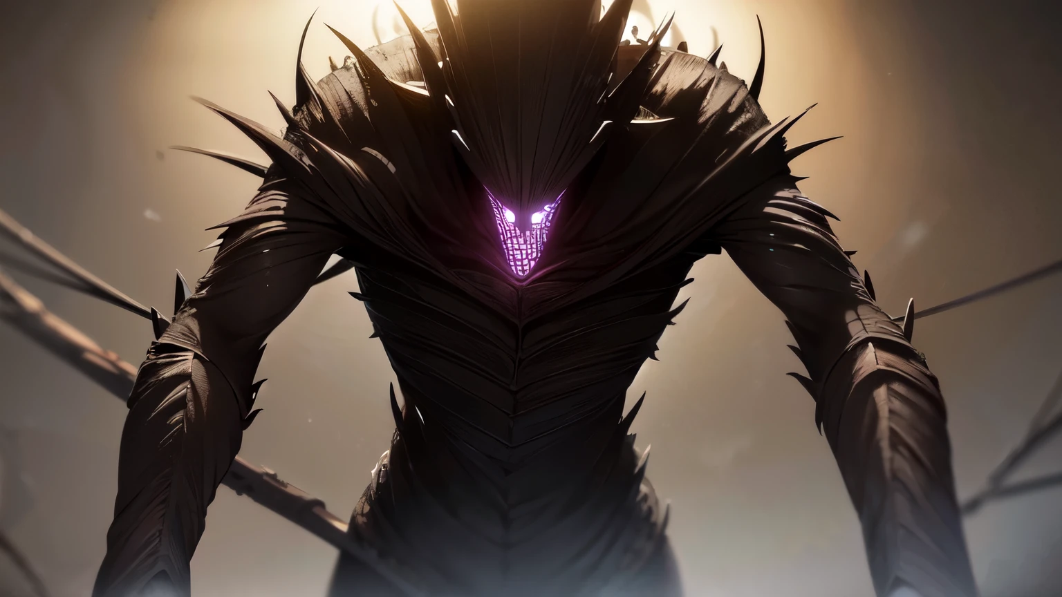 A man with a glowing face and a horned head stands in front of a dark ...