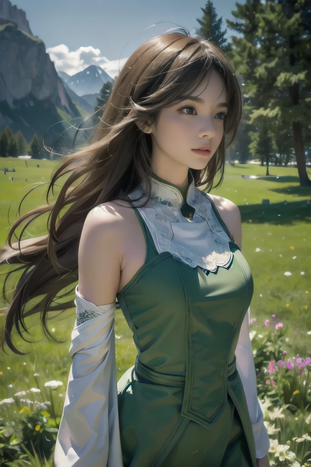 Arafed woman in green dress standing in a field of flowers - SeaArt AI