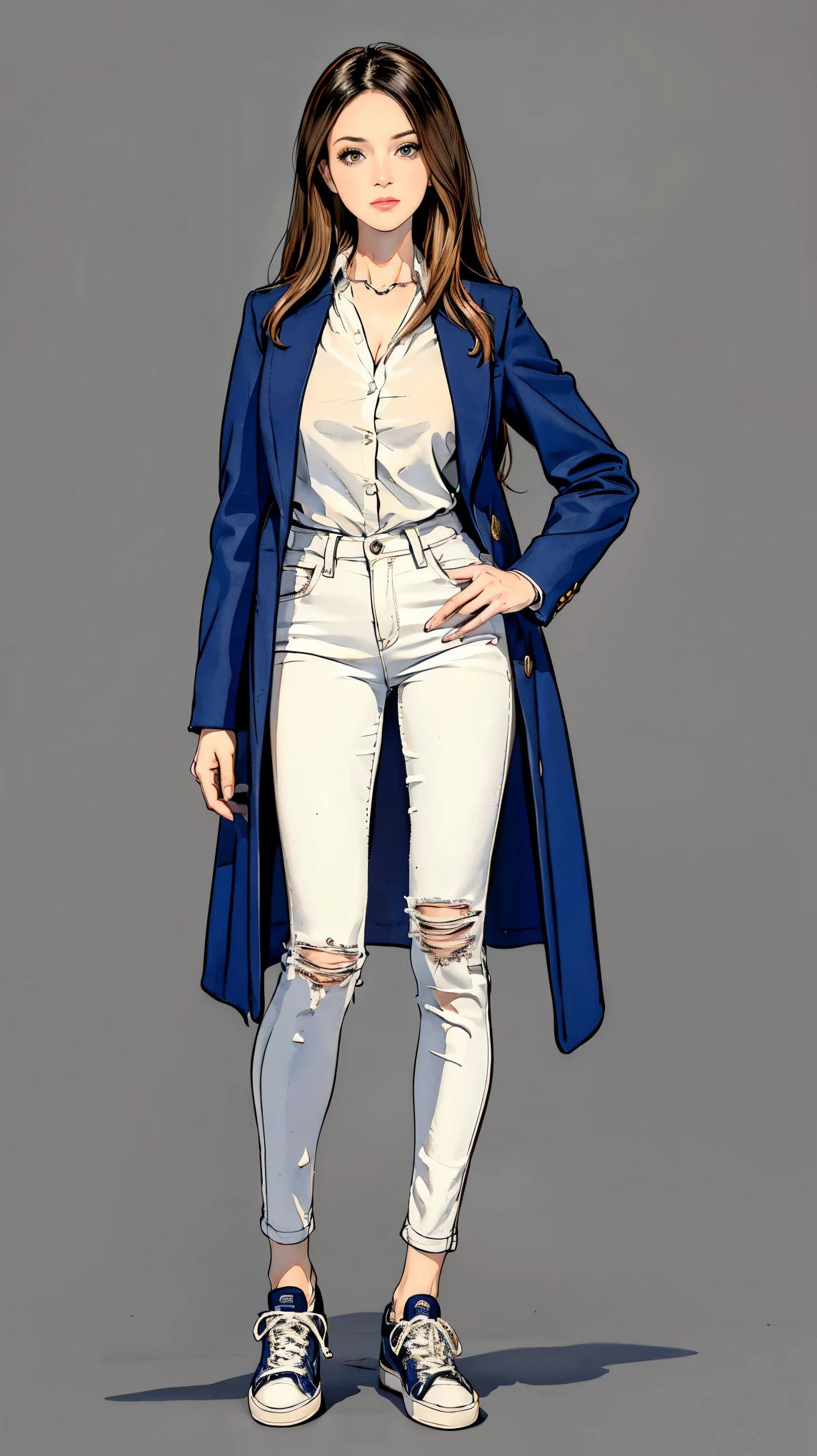 A drawing of a woman in a blue coat and white jeans - SeaArt AI