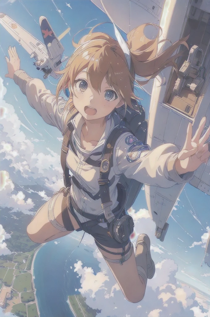 Anime girl flying in the sky with an airplane in the background - SeaArt AI
