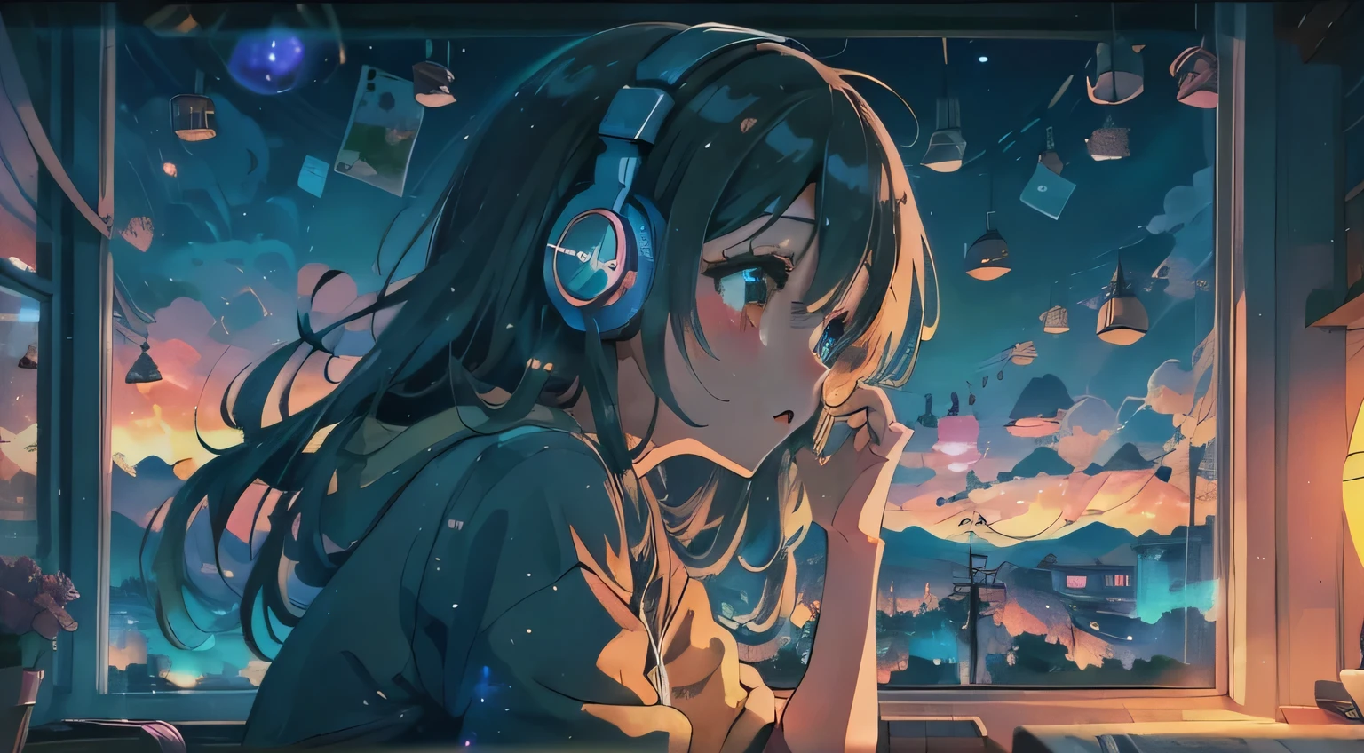 Anime girl listening to music with headphones in her room - SeaArt AI