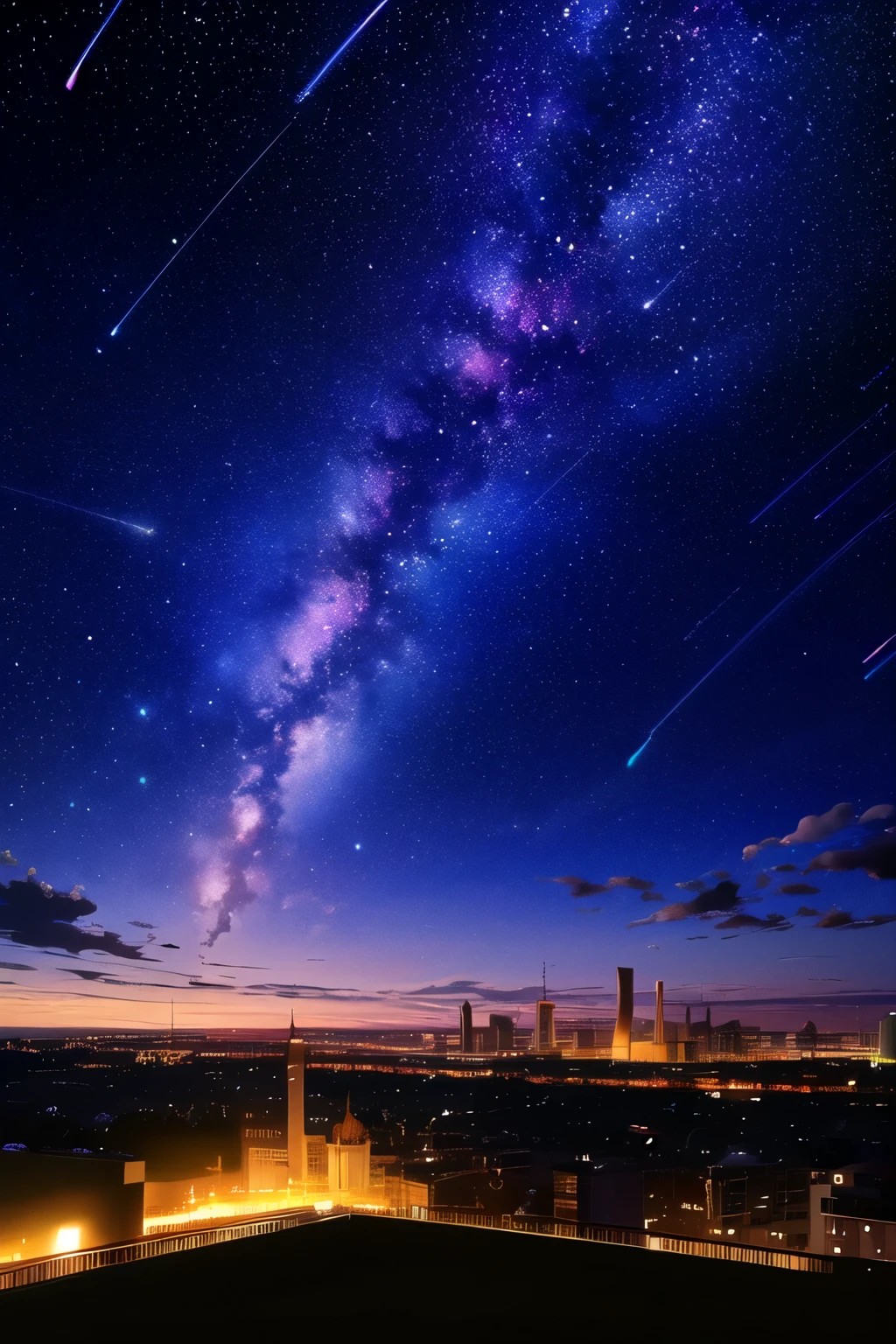 A night sky with stars and shooting comets above a city - SeaArt AI