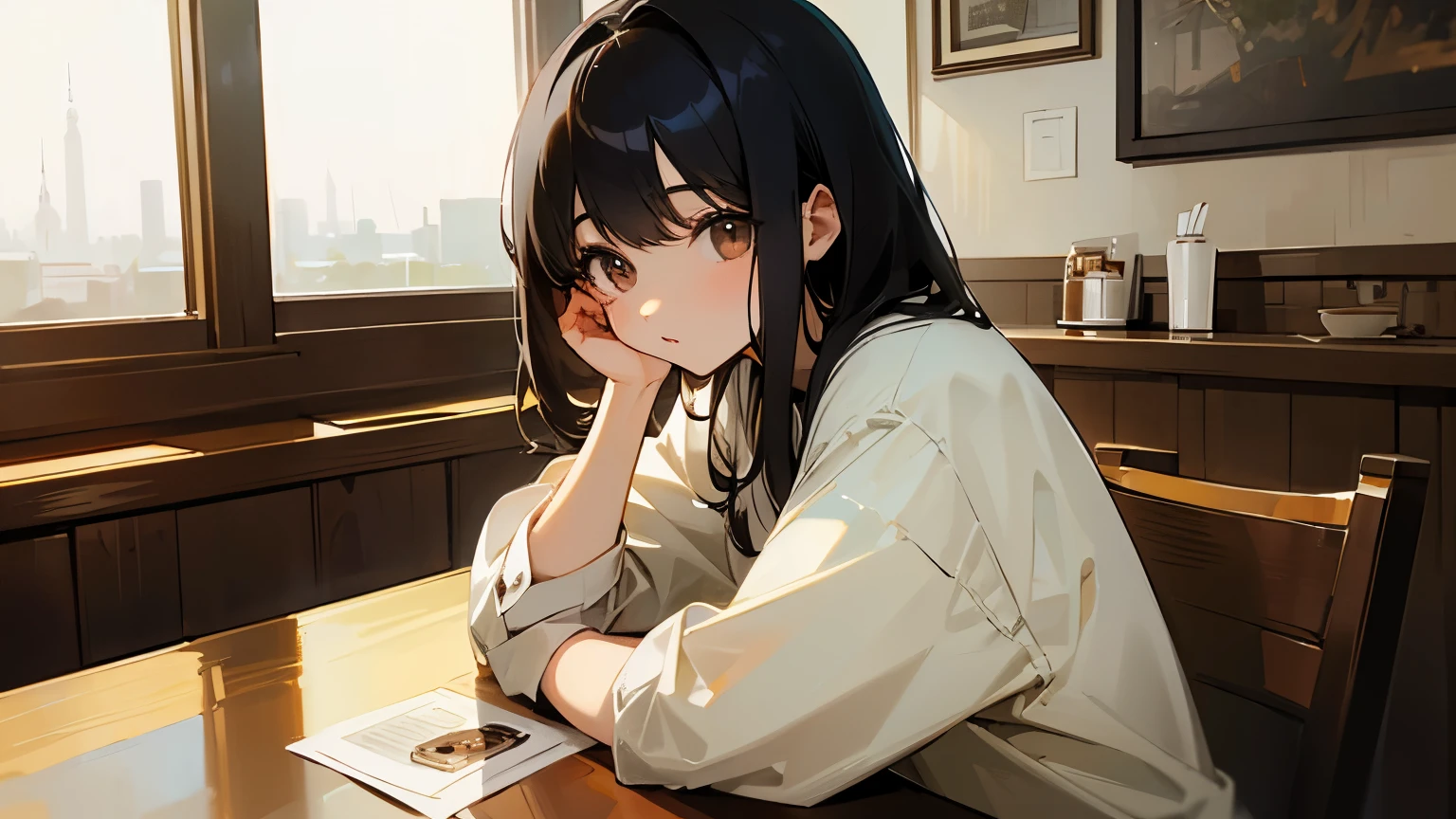 Anime girl sitting at a table with a book and a magazine - SeaArt AI