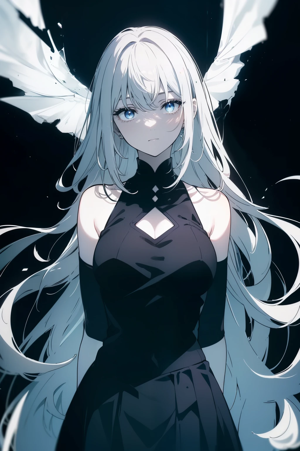 A woman with white hair and angel wings in a black dress - SeaArt AI