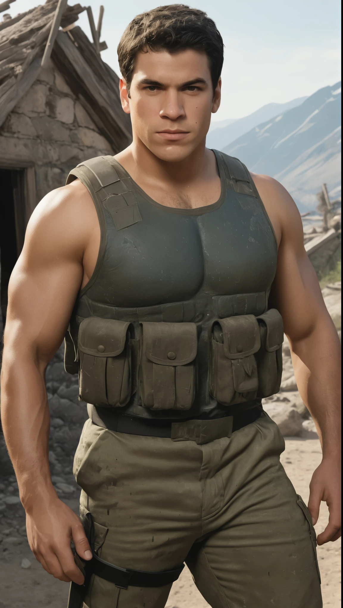 A close up of a man in a vest and pants standing in front of a hut ...