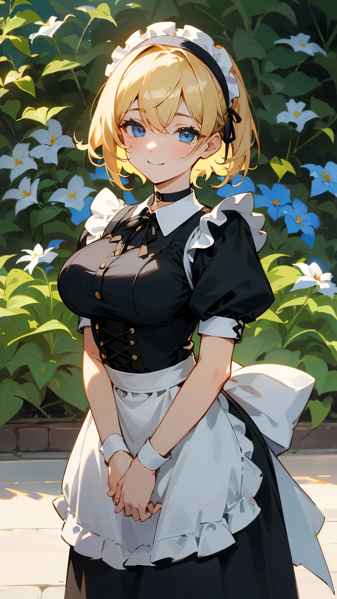 Anime character dressed in maid outfit standing in front of flowers ...