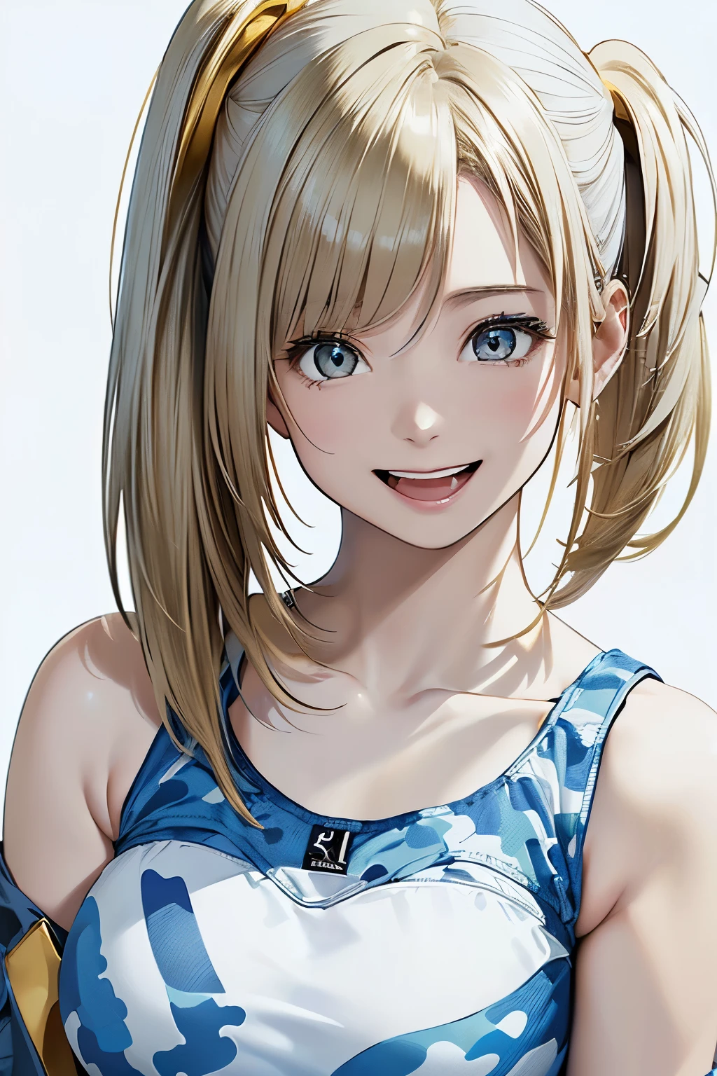 Anime girl with blonde hair and blue top posing for a picture - SeaArt AI