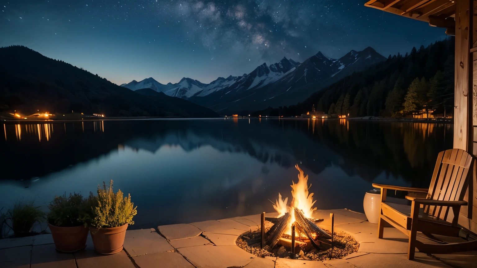 There is a fire pit on the patio next to a lake - SeaArt AI