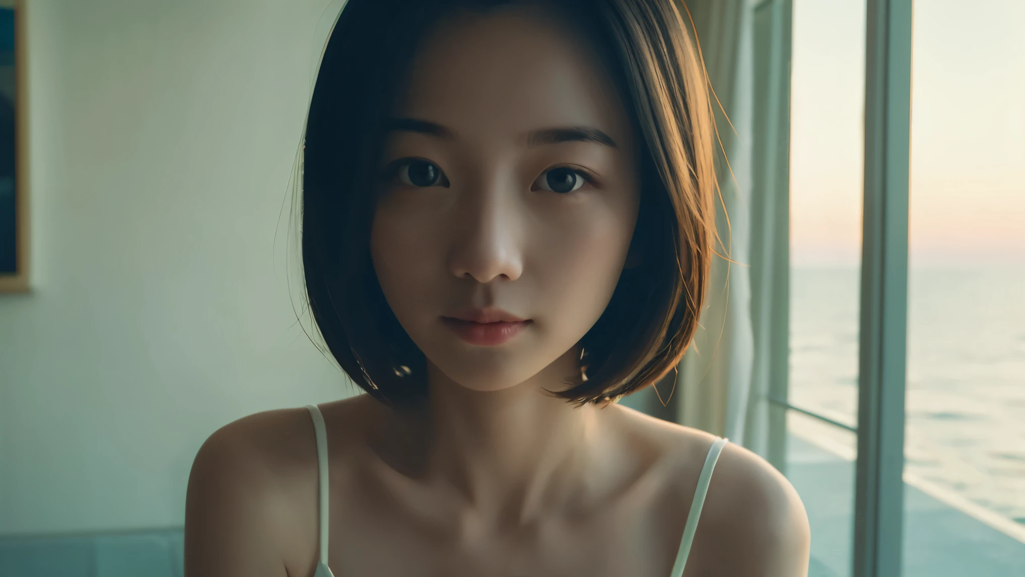 A close up of a woman in a white top looking at the camera - SeaArt AI