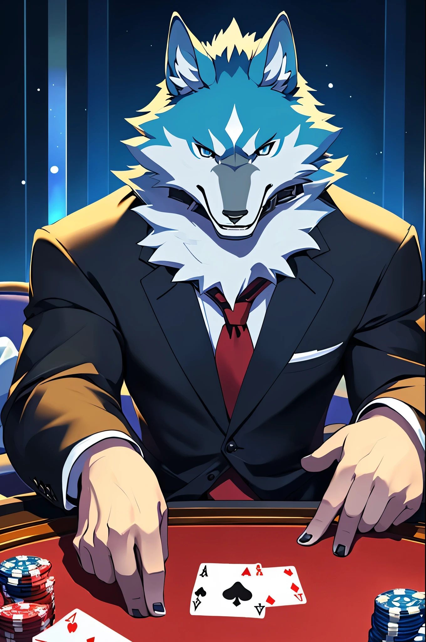 A close up of a person in a suit playing cards - SeaArt AI