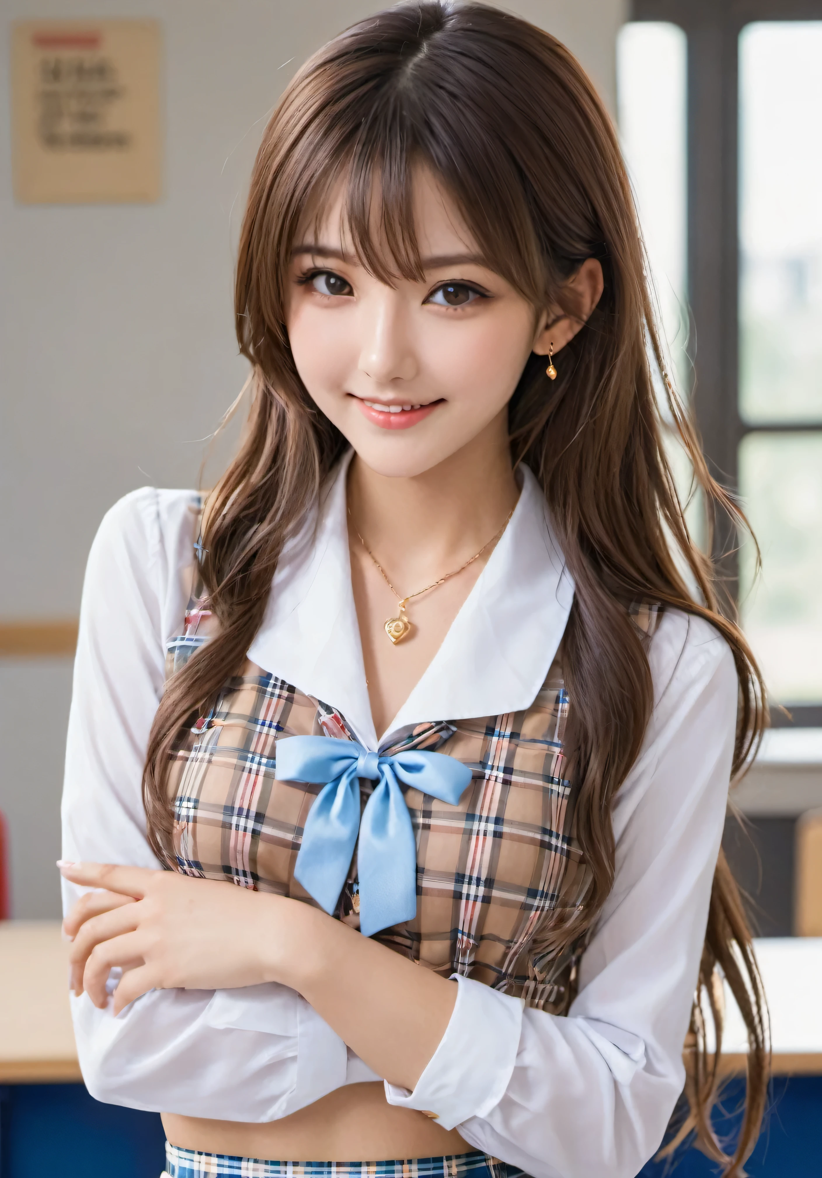 A close up of a woman in a school uniform posing for a picture - SeaArt AI