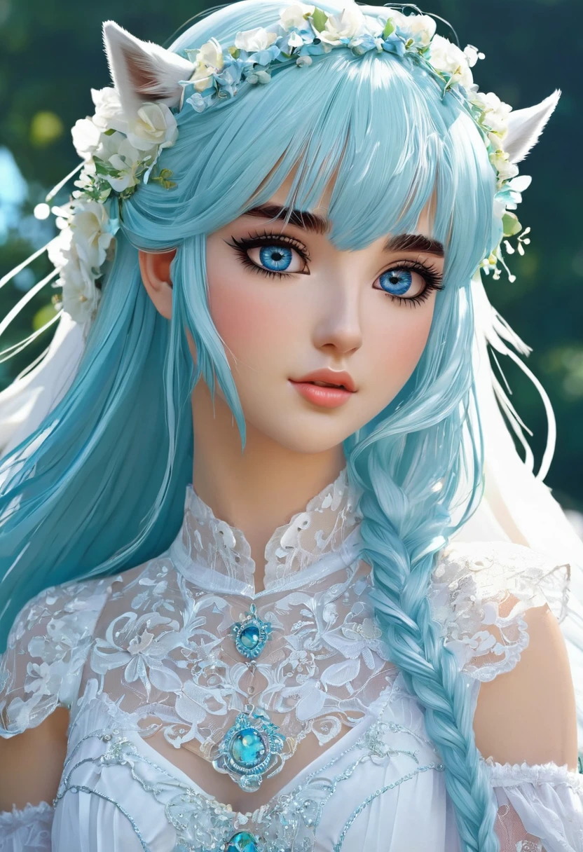 2D albino anime girl with blue eyes and long white hair, tied in a ...