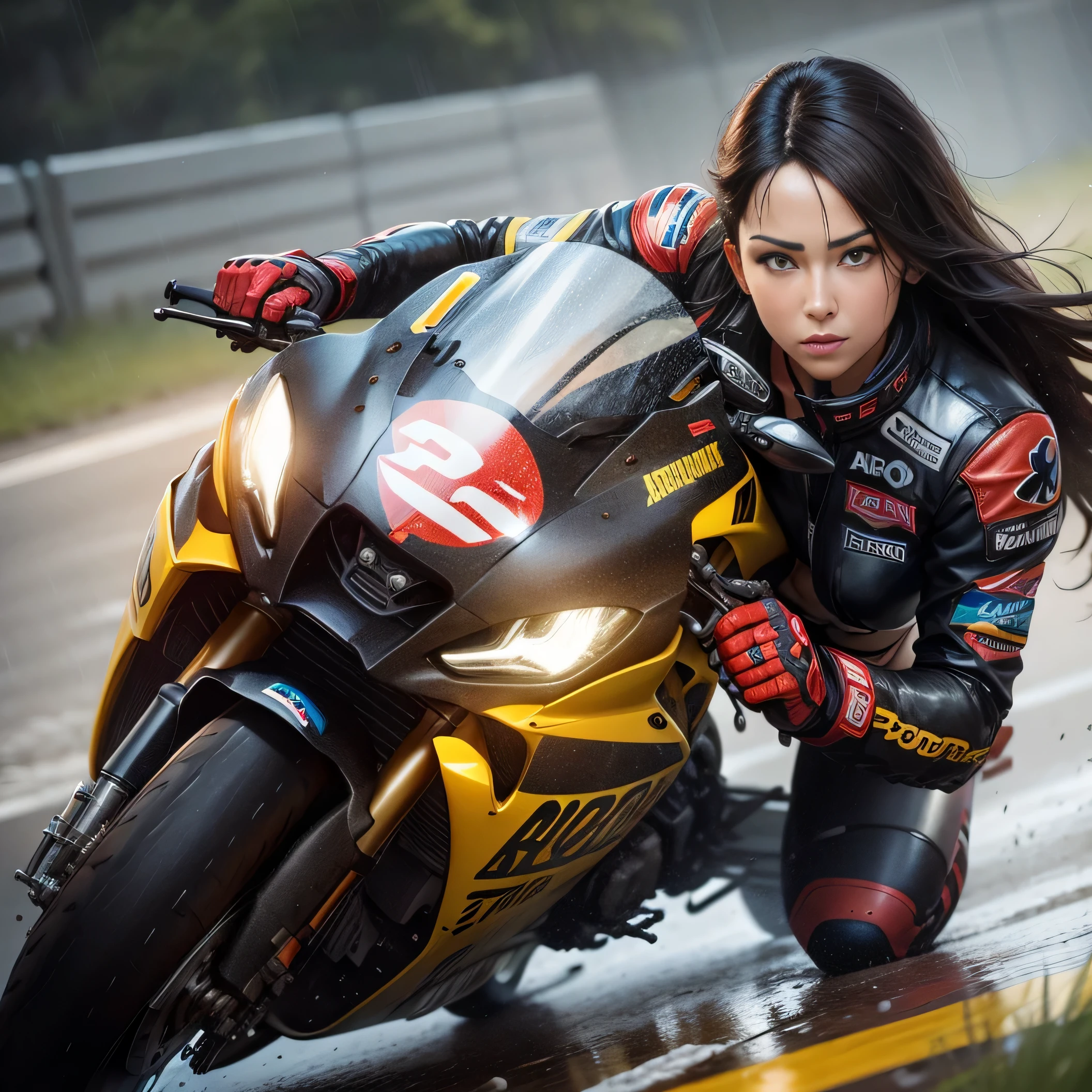 Woman leaning on a motorcycle on a wet road with a wet ground - SeaArt AI