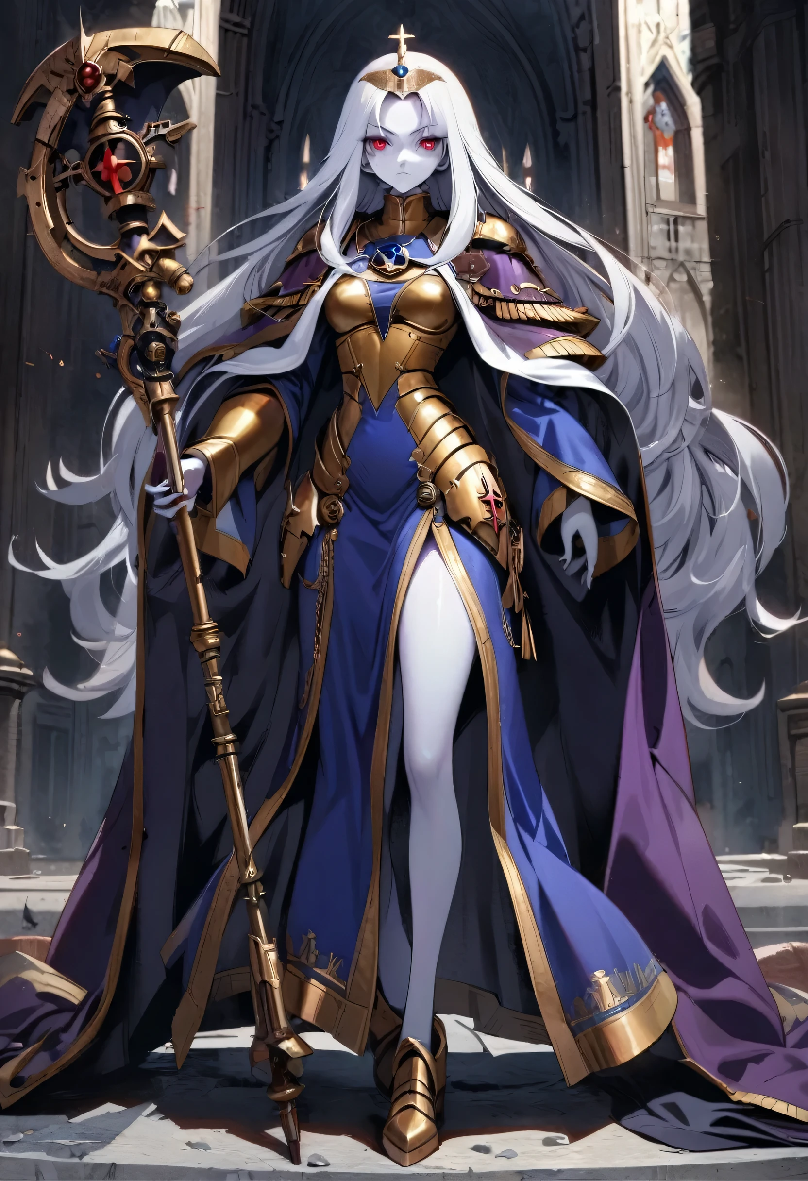A woman in a blue dress holding a scythe and a sword - SeaArt AI