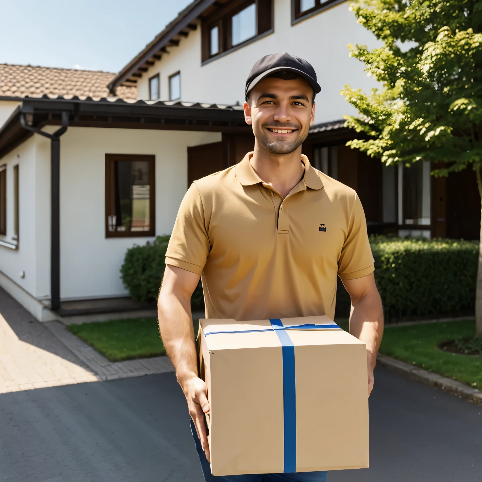 Arafed man holding a box in front of a house - SeaArt AI