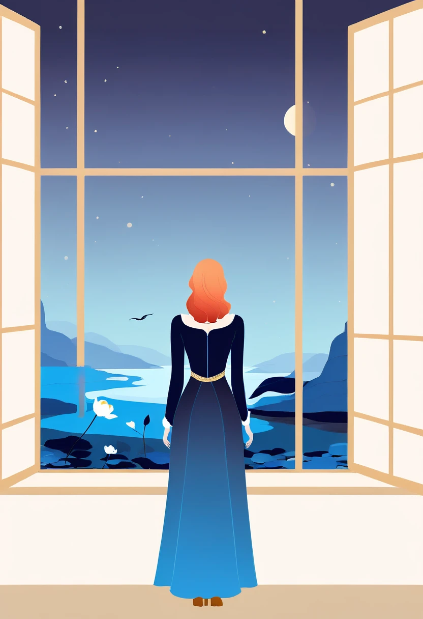 Beautiful dark room，There is a big window, The scenery outside the ...