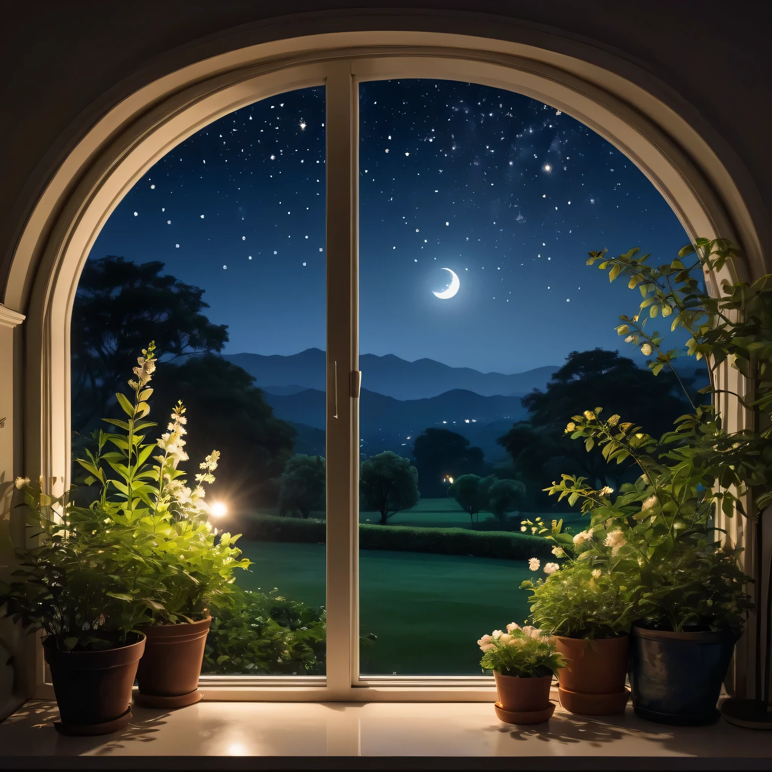 A view of a window with a night sky and a crescent - SeaArt AI