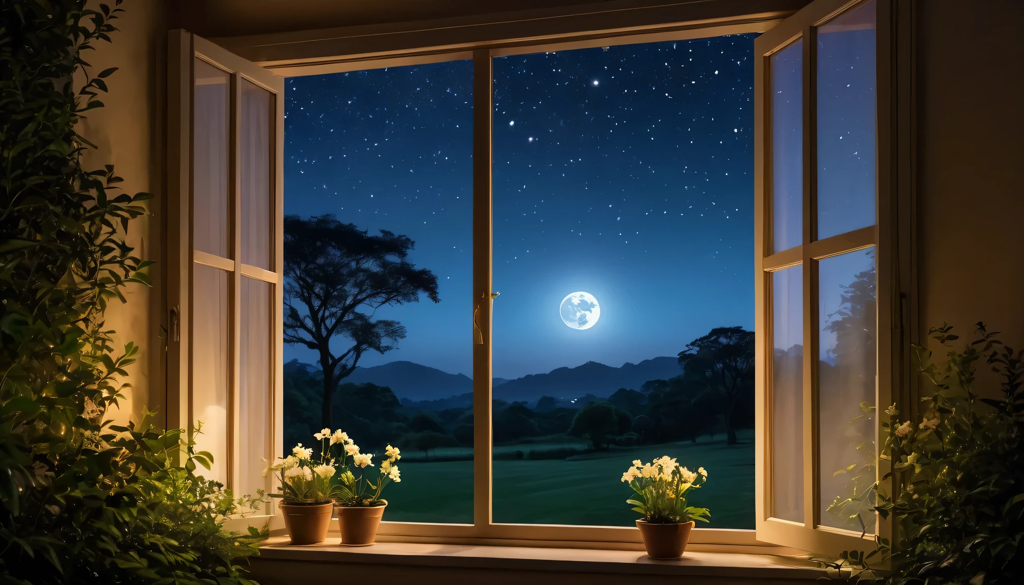 A view of a window with a night sky and a full moon - SeaArt AI
