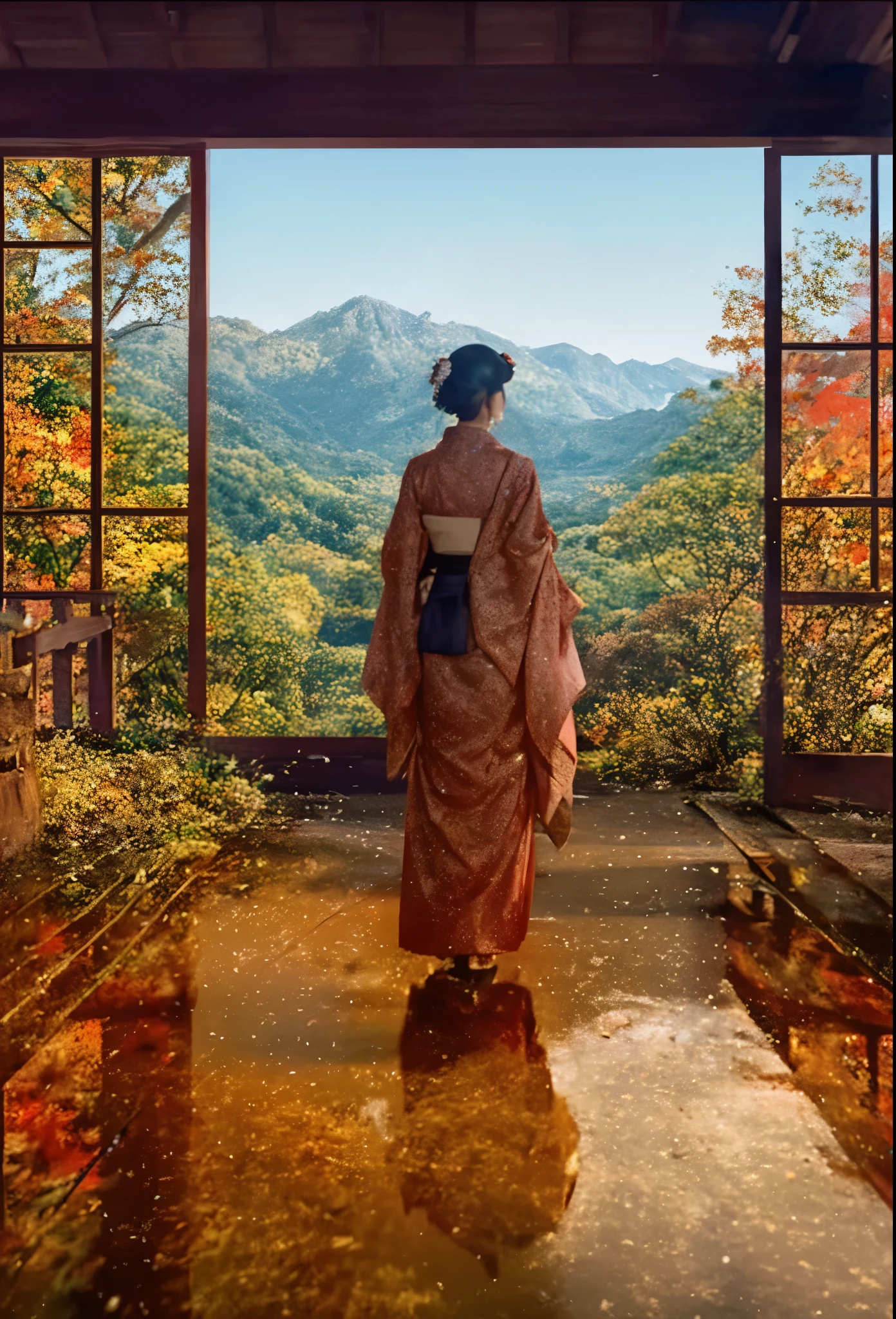 A woman in a kimono standing in front of a window looking out at the ...