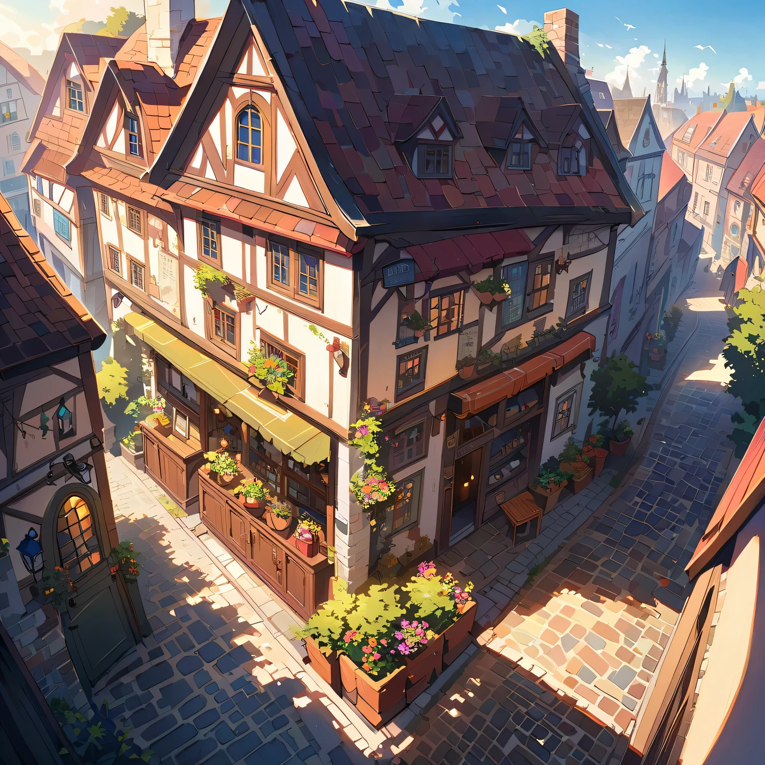Anime - style illustration of a small town with a cobblestone street ...