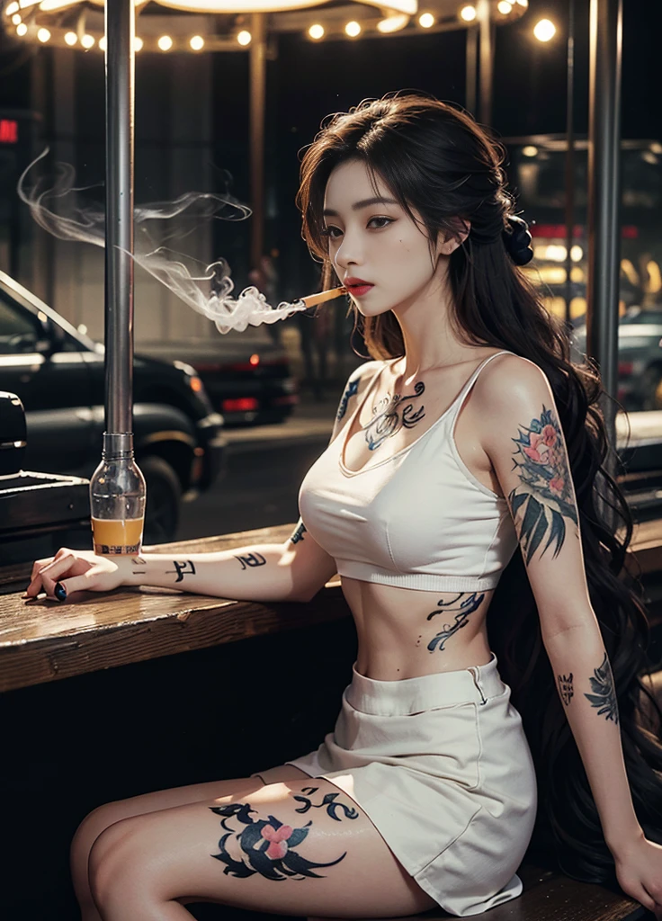 Arafed woman with tattoos smoking a cigarette in a carousel, - SeaArt AI