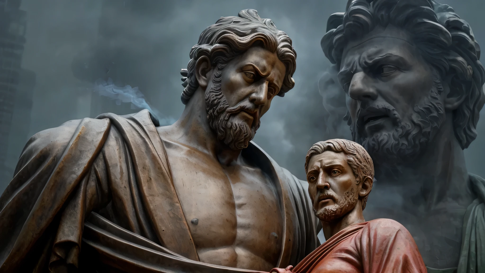 A close up of a statue of a man holding a statue of a man - SeaArt AI