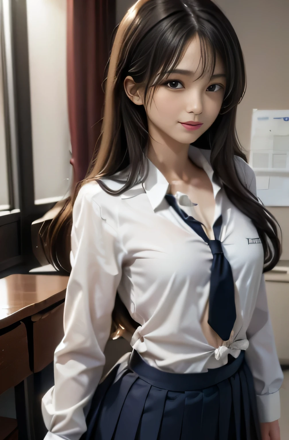 Arafed asian woman in a white shirt and blue skirt posing for a picture - SeaArt AI