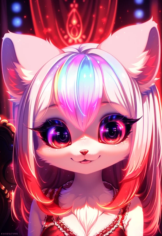 Furry, white fur, ultra cute face,ultra long eyelashes, red elements on ...