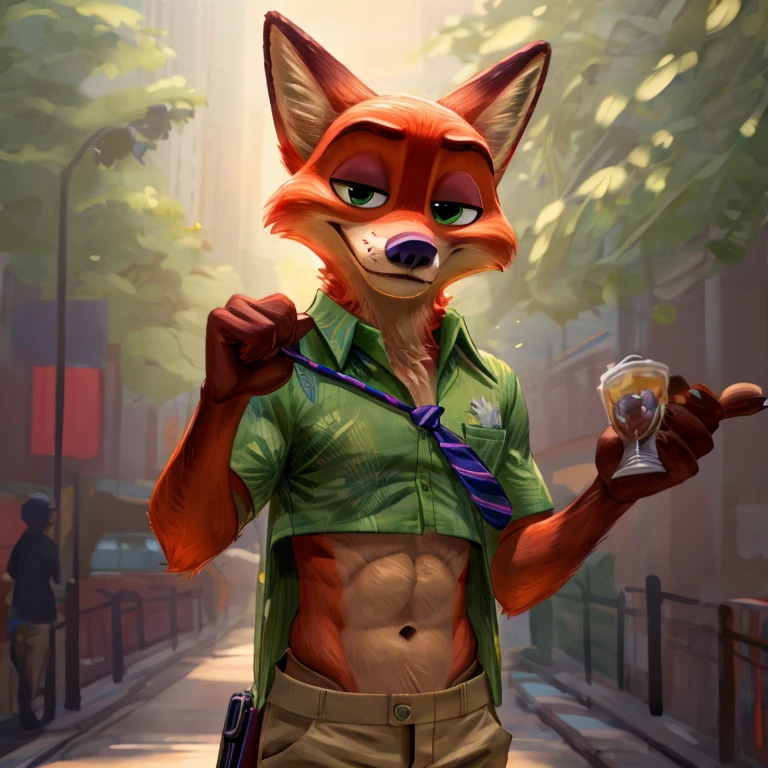 A digital artwork of Nick Wilde with abs wearing a crop top of his ...