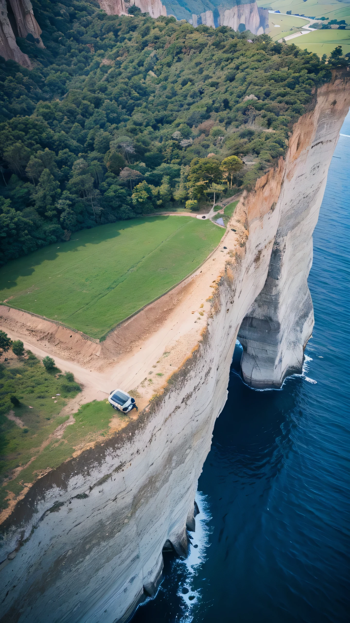 Aerial view of a cliff with a car parked on the edge - SeaArt AI