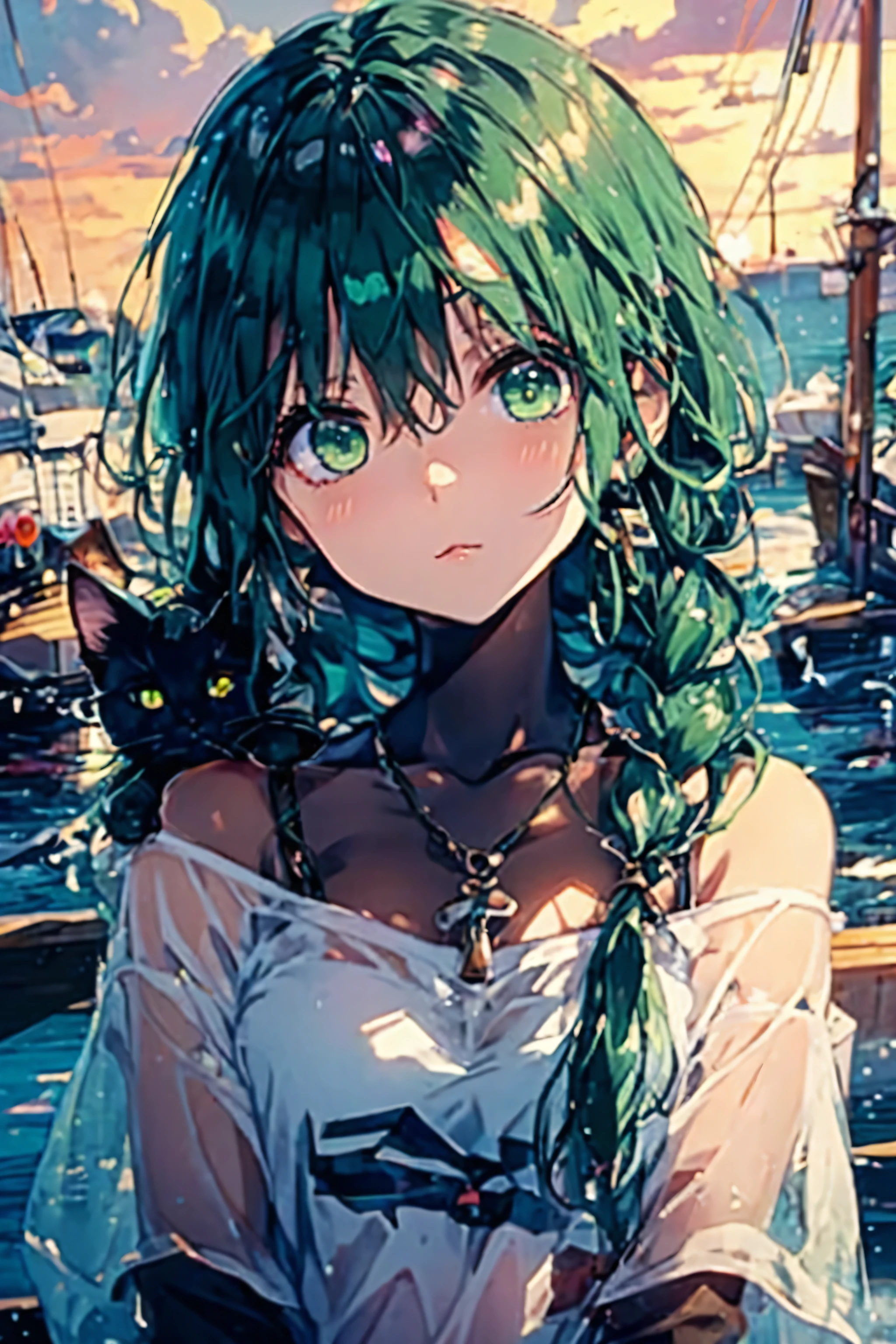 Anime girl with green hair and green eyes standing in front of a boat ...