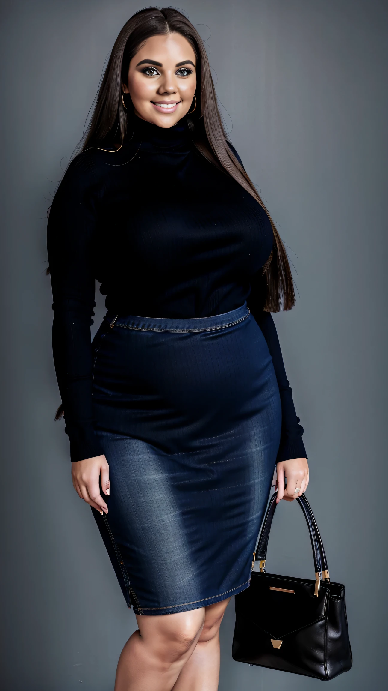 A woman in a black top and blue skirt posing for a picture - SeaArt AI