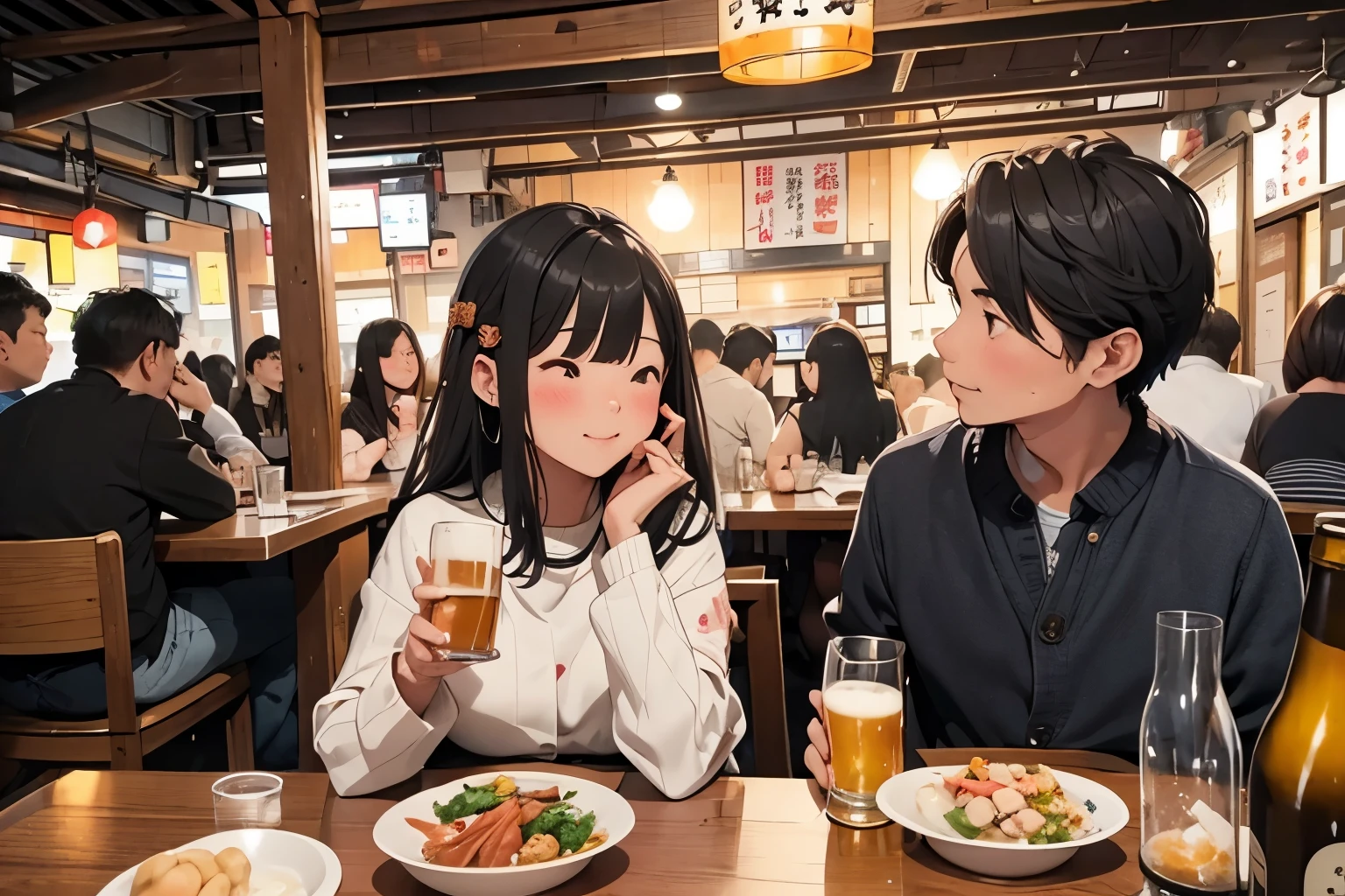 アニメのキャラクターが食事とドリンクのプレートを置いたテーブルに座っている - SeaArt AI