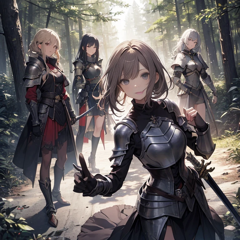 A group of female knights, (in forest), various hair styles - SeaArt AI