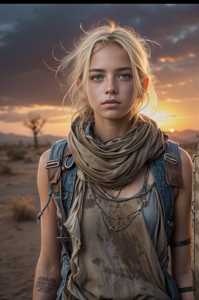 Masterpiece, transitioning to a desert landscape at sunset, a lone ...