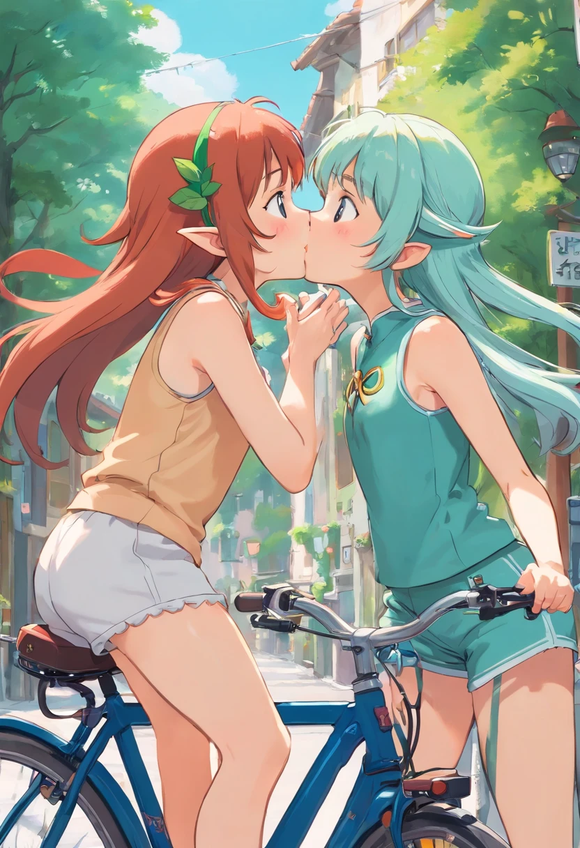 Two elf girls kiss while sitting on bicycles saddle, in running shorts - SeaArt AI