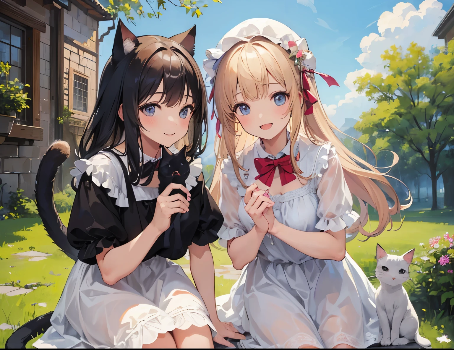 Anime anime girls with black cats and white dresses sitting on a bench ...