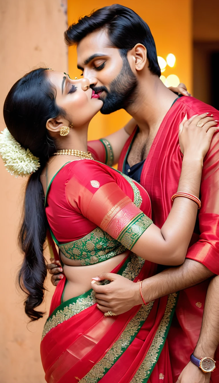 Generate a indian aunty image that wear transparent red saree and her boyfriend - SeaArt AI