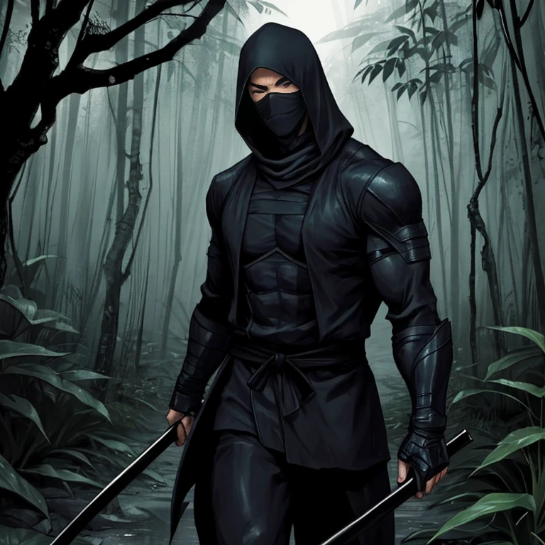 A ninja assassin walking in a dark, rainy jungle - SeaArt AI